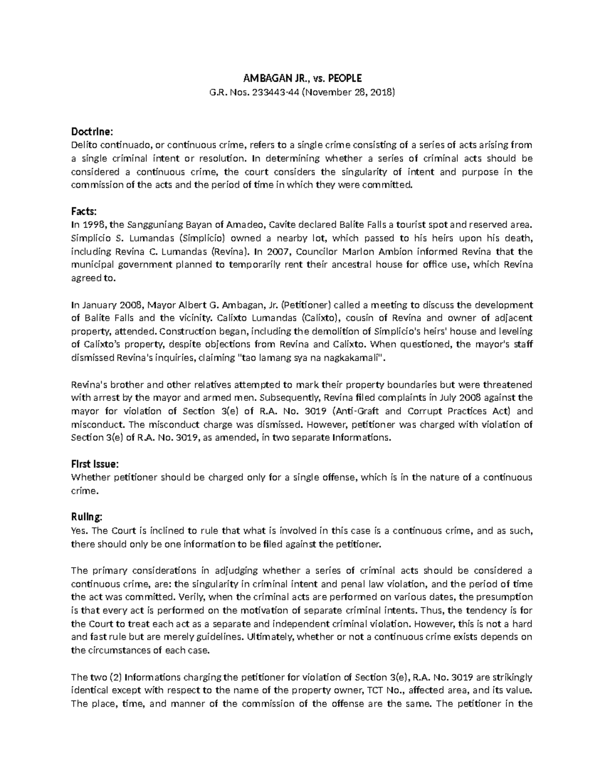 Ambagan Jr v People - AMBAGAN JR., vs. PEOPLE G. Nos. 233443-44 ...