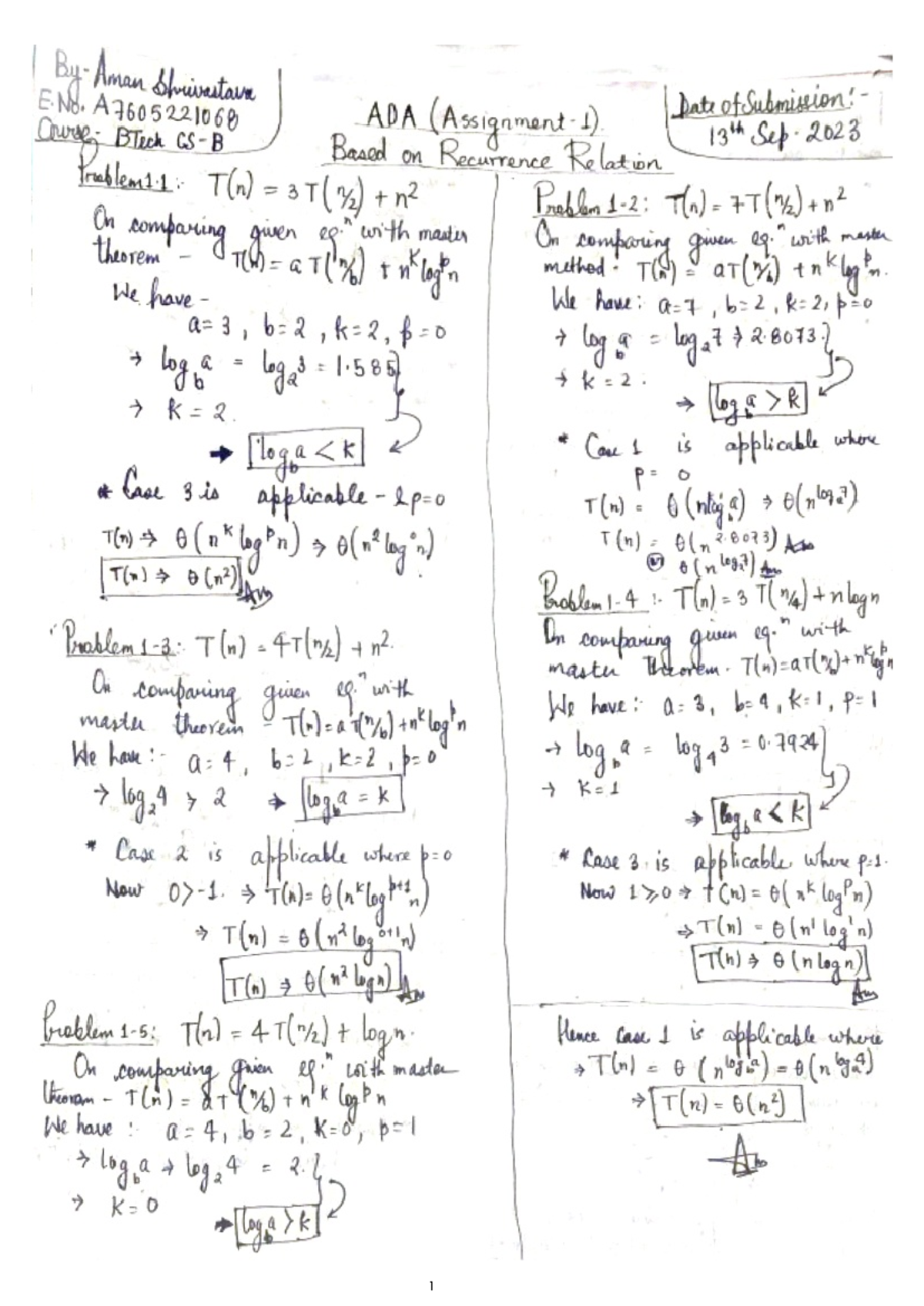 ADA Assignment 1 - (Master theorem) - B.tech - Studocu