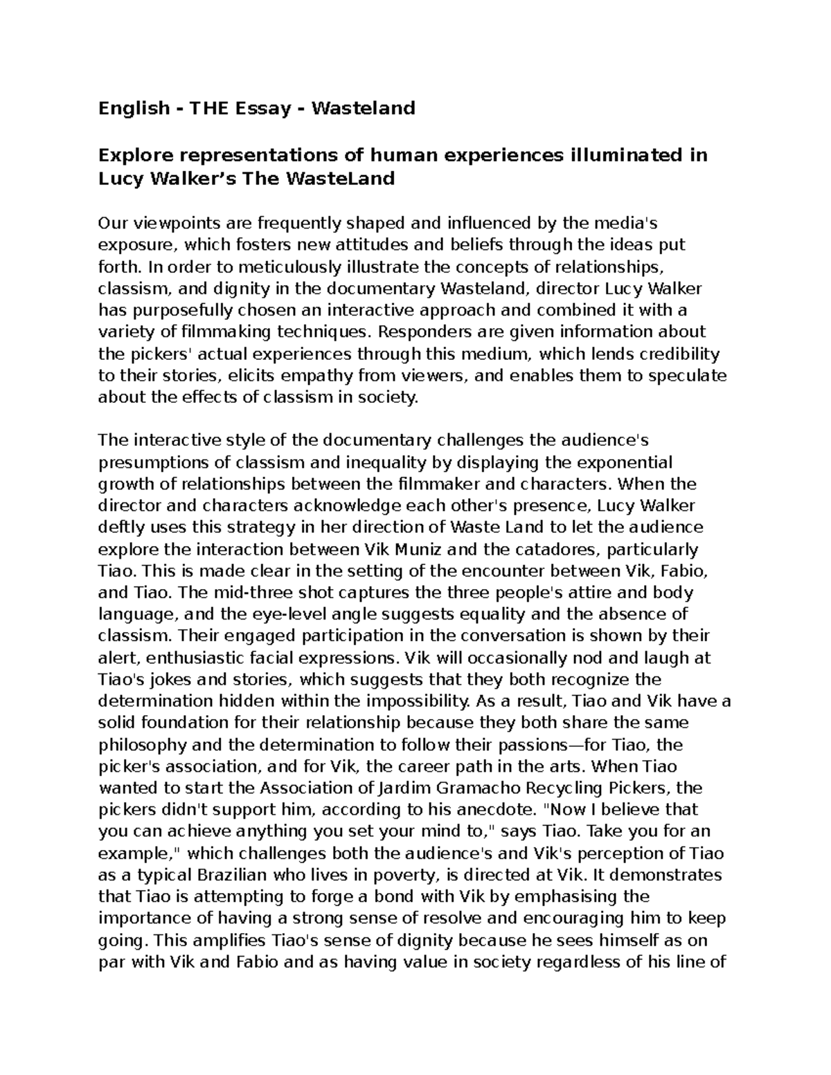 English Advanced - Module A - The Wasteland Essay - English - THE Essay ...