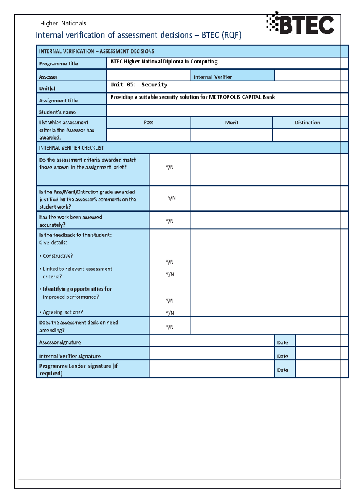 Unit 05 Security - ####### Higher Nationals Internal verification of assessment decisions – BTEC ...