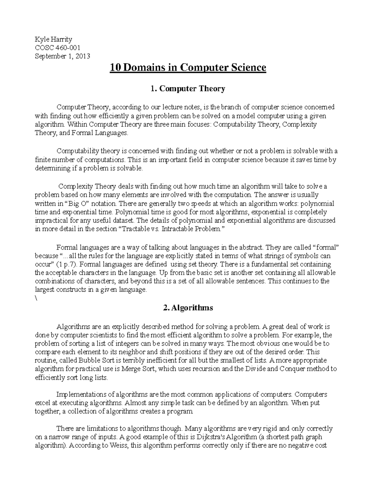 10 Domains in Computer Science COSC 460 Fall 2013 - Kyle Harrity COSC ...