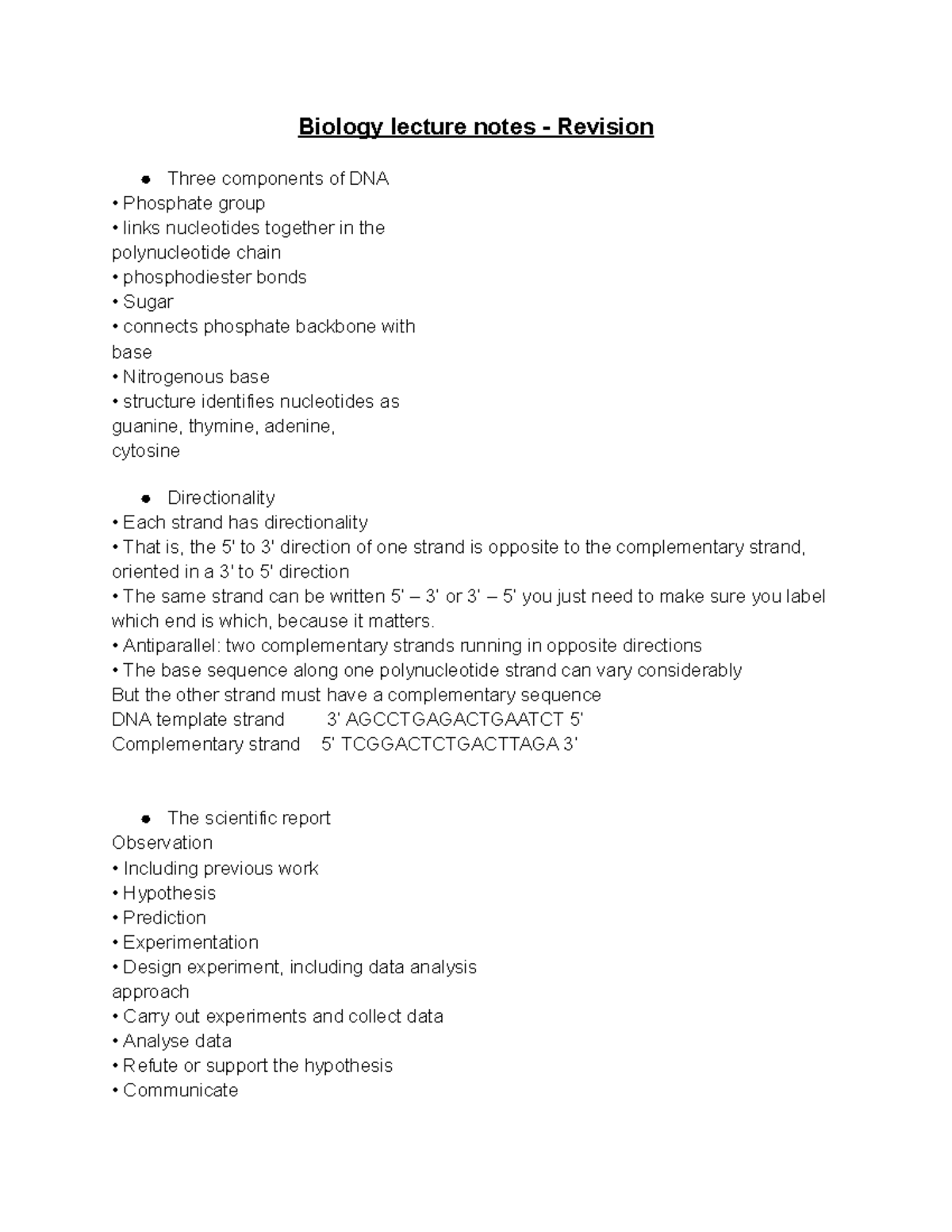 Biology lecture notes - Revision - Antiparallel: two complementary ...