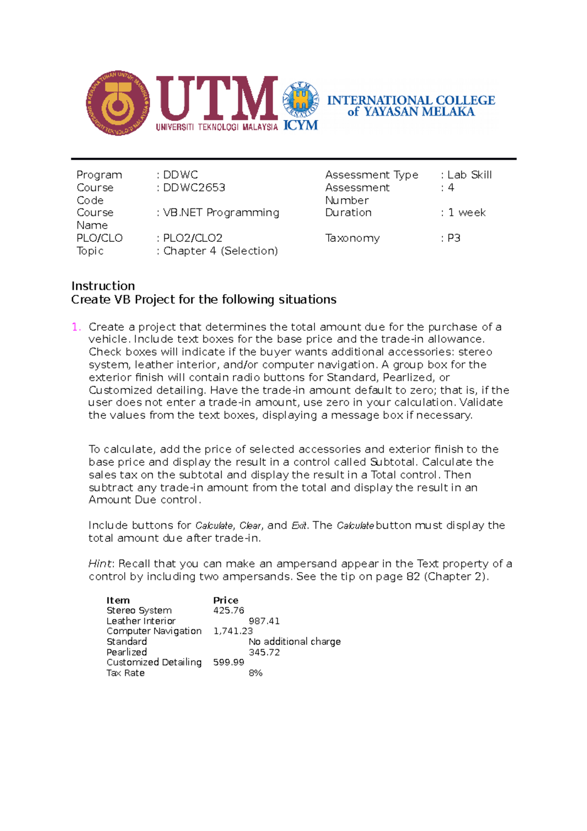 Lab Skill 2 - exercise for test 1 - Program : DDWC Assessment Type ...