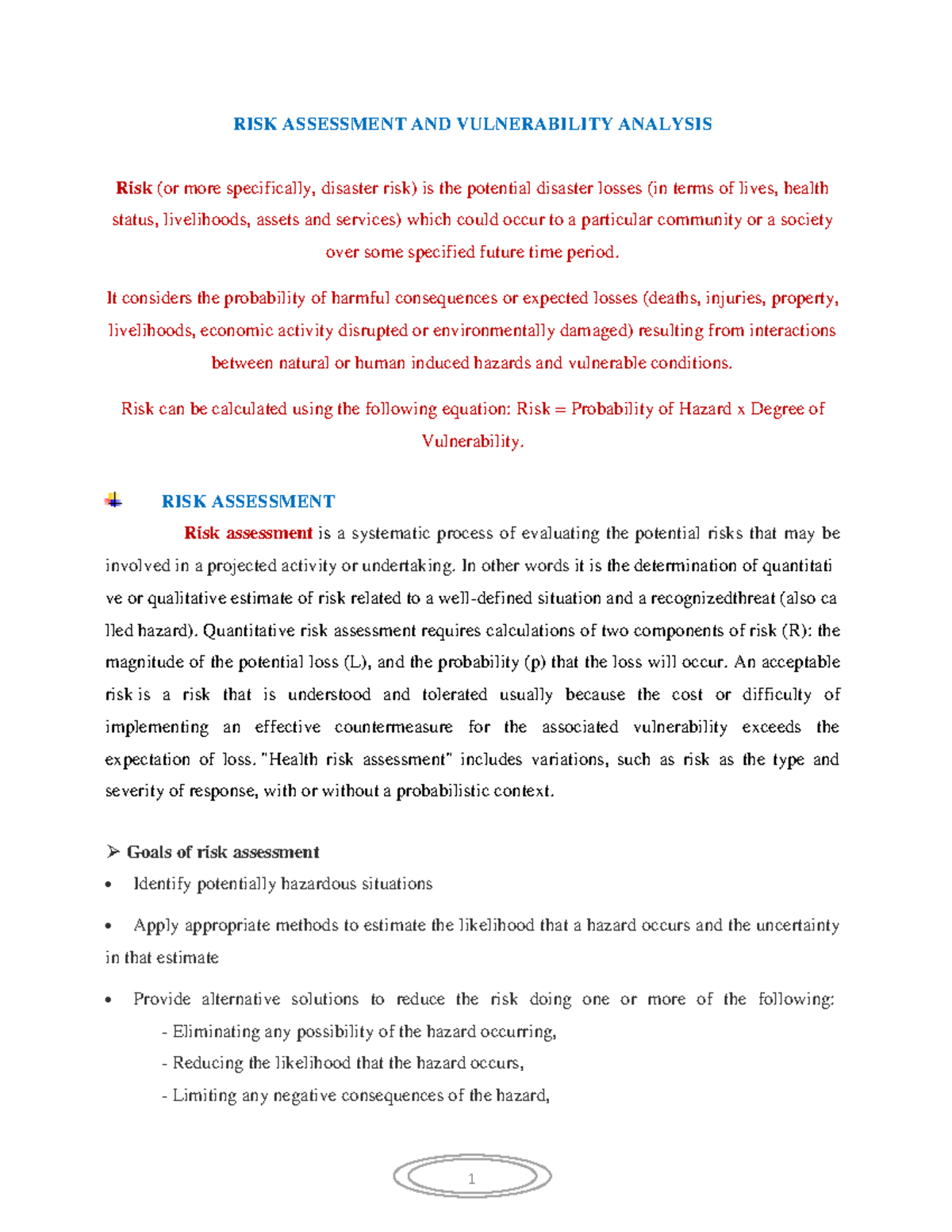 RISK Assessment AND Vulnerability Analysis - RISK ASSESSMENT AND ...