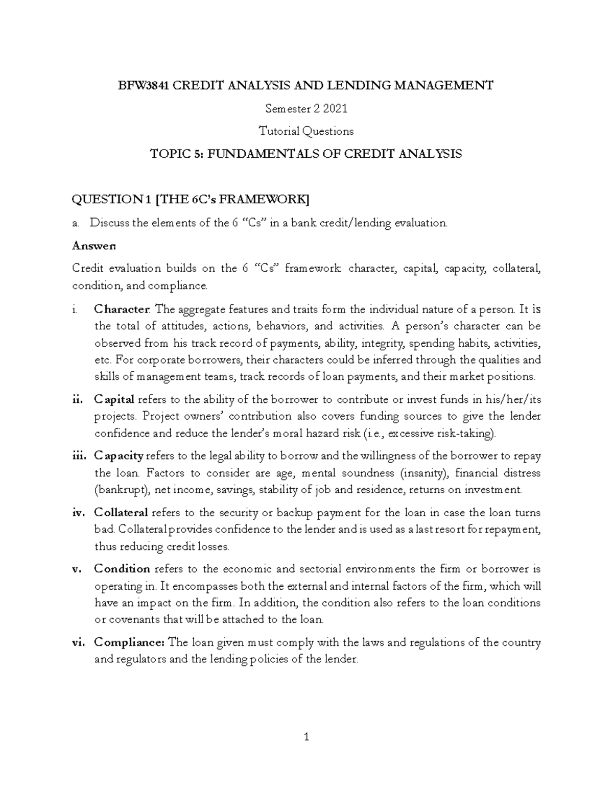 Tutorial 5 week 6 Questions with Answers - BFW3841 CREDIT ANALYSIS AND ...