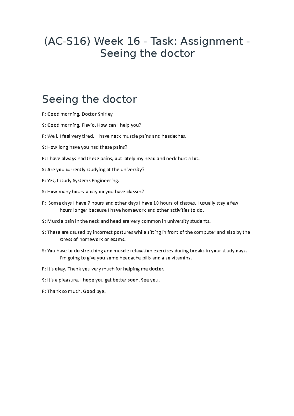 (AC-S16) Week 16 Task Assignment Seeing the doctor - (AC-S16) Week 16 ...