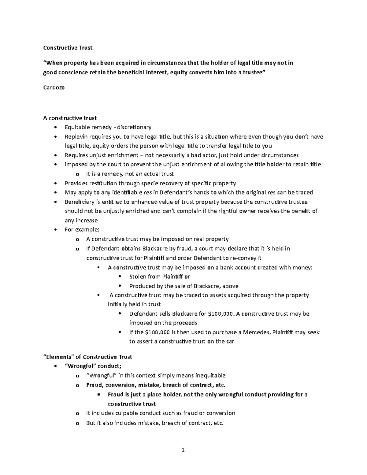 Constructive Trust - outline - Constructive Trust “When property has ...