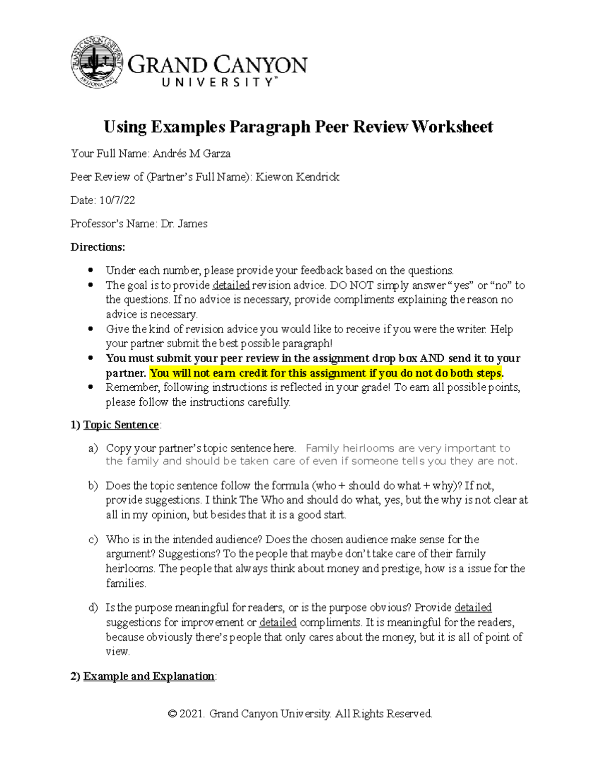 UNV-100 Using Examples Peer Review Worksheet - Using Examples Paragraph ...