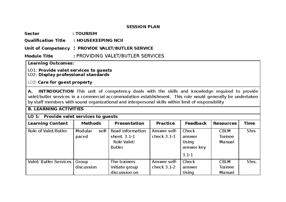 UC 3 Provide valetbutler services - SESSION PLAN Sector : TOURISM Qualification Title ...