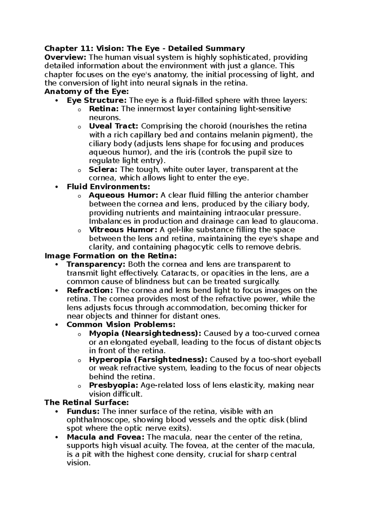 Chapter 11 eye summary - Neuroscience - Chapter 11: Vision: The Eye ...