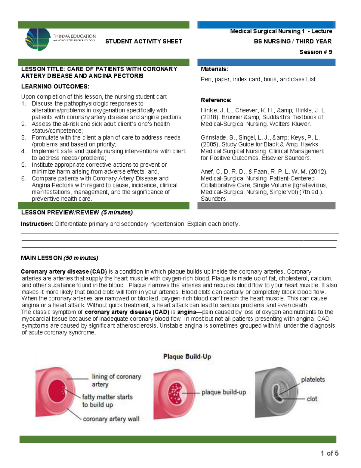 MS 1-LEC #9 - medical surgical 1 - 1 of 5 LESSON PREVIEW/REVIEW (5 ...