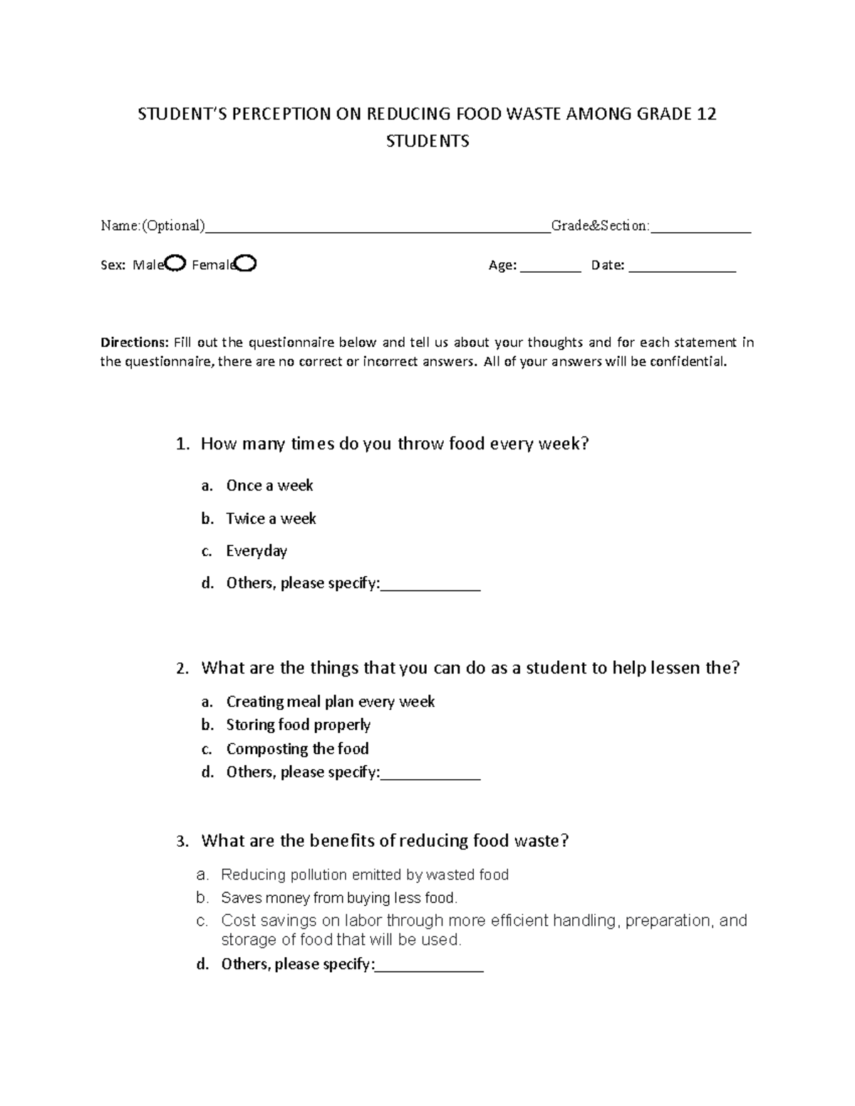 G2 survey questions - cncncn. - STUDENT’S PERCEPTION ON REDUCING FOOD ...