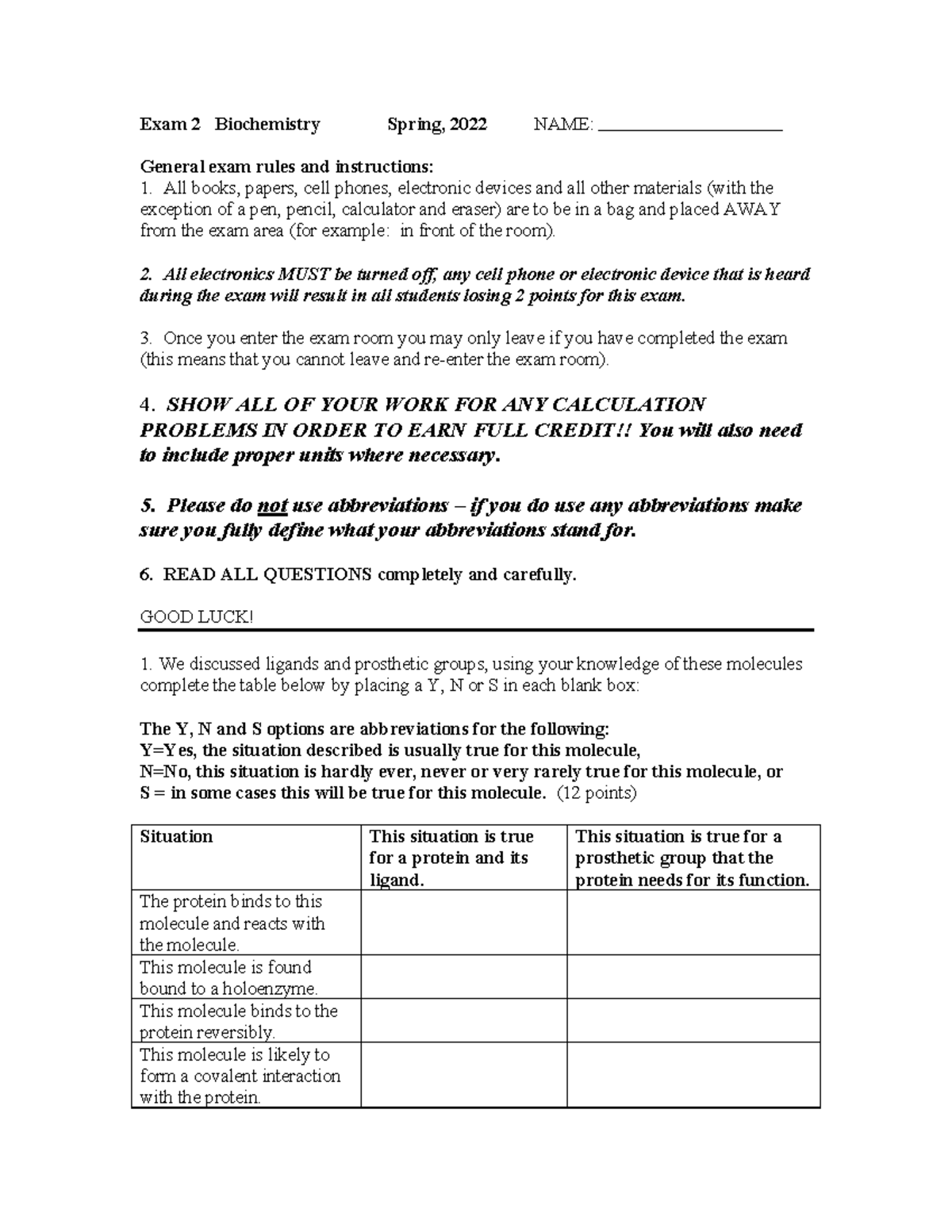 2022 exam 2 - practice test biochem - Exam 2 Biochemistry Spring, 2022 ...