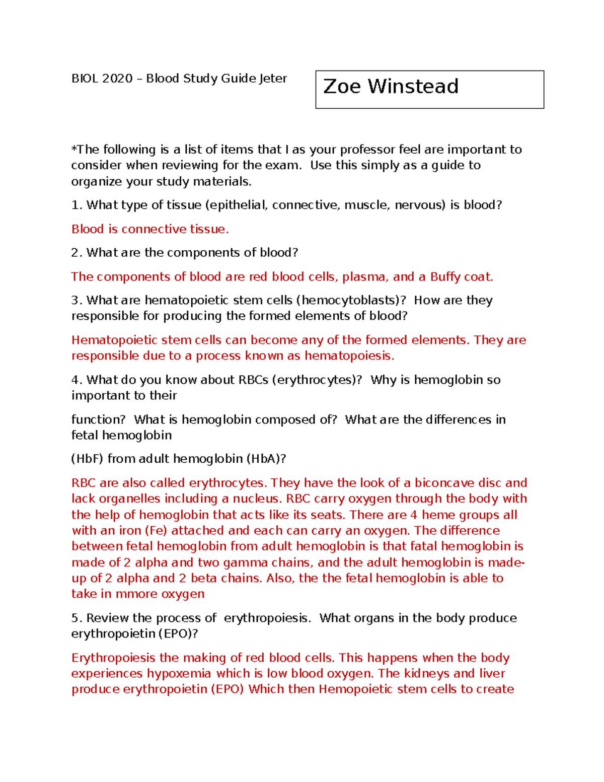 Blood SG - Study guide - BIOL 2020 – Blood Study Guide Jeter *The ...