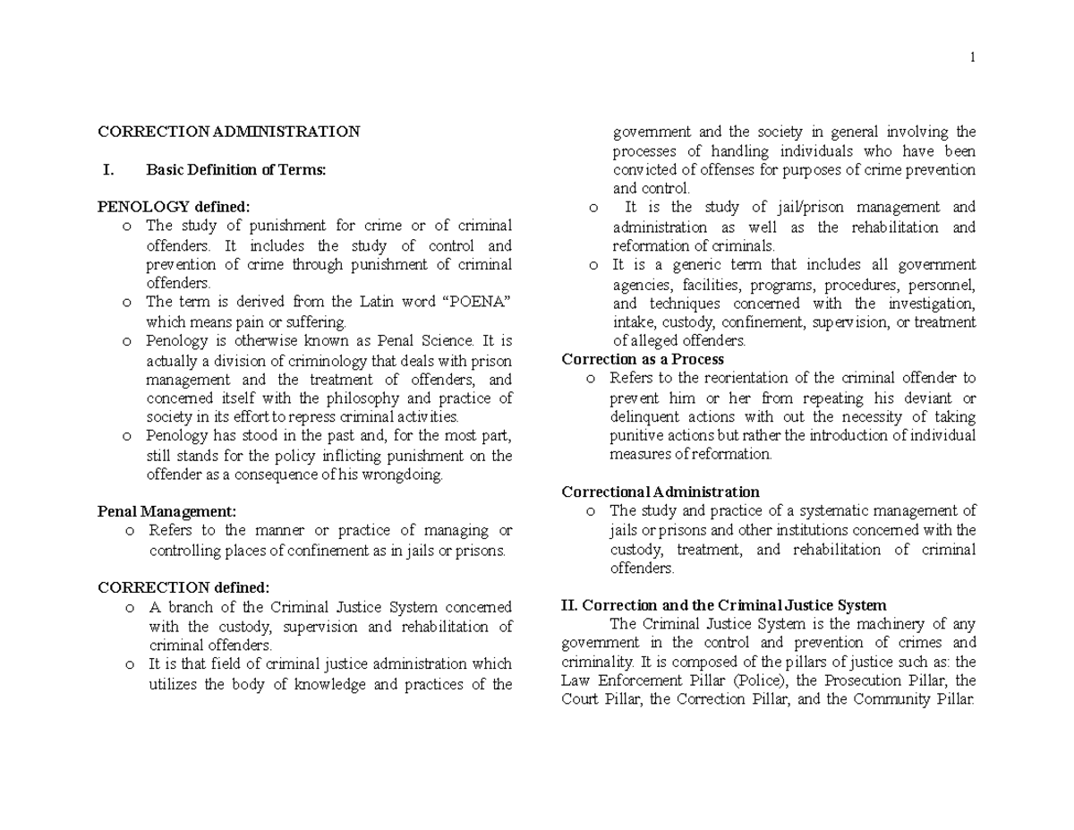COR AD 36 Pages - Helpful - 1 CORRECTION ADMINISTRATION I. Basic ...