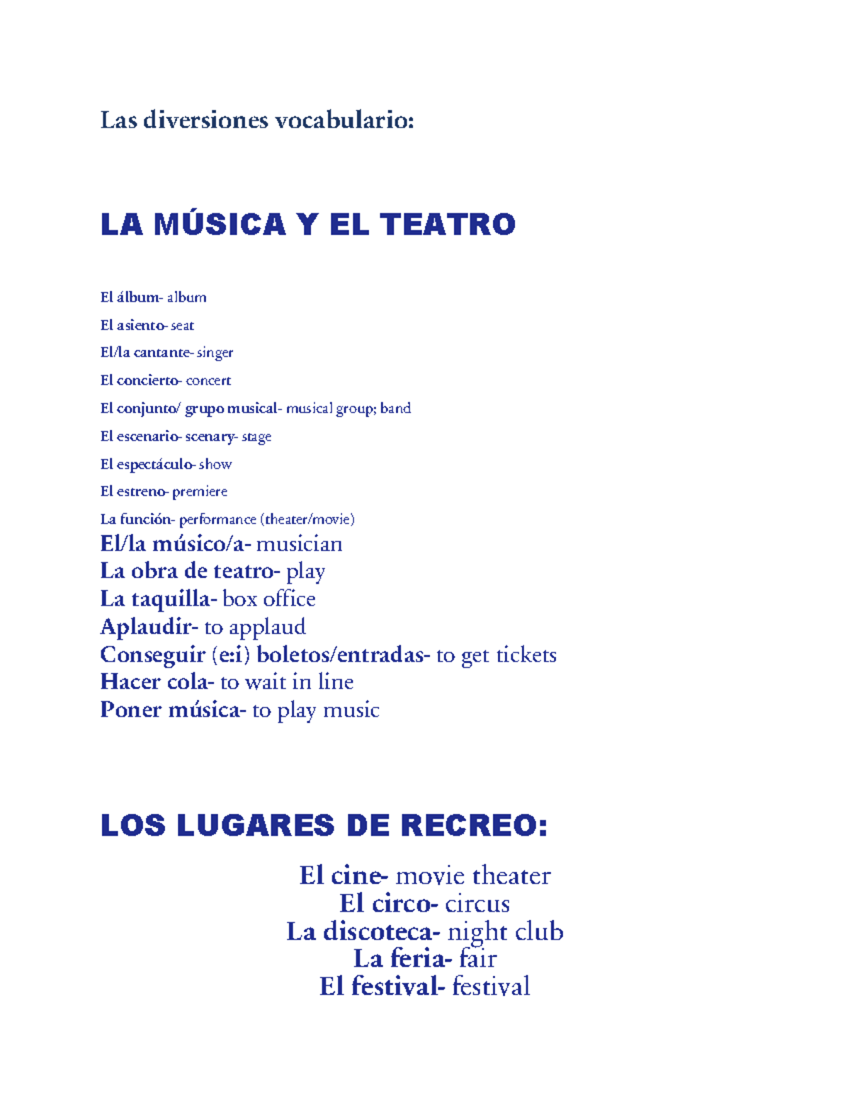 Las diversiones vocabulario - Studocu