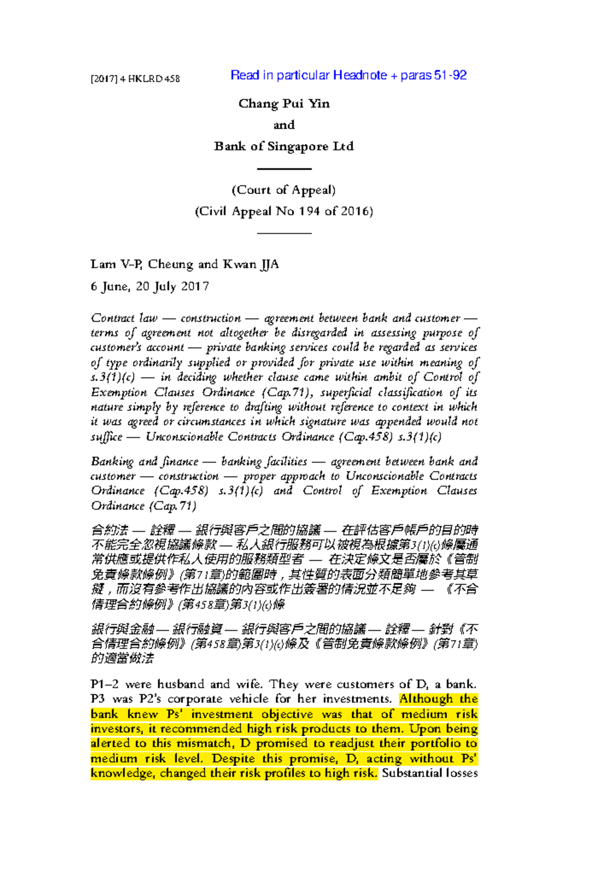 Case- Chang v Bank of Singapore - Chang Pui Yin and Bank of Singapore ...