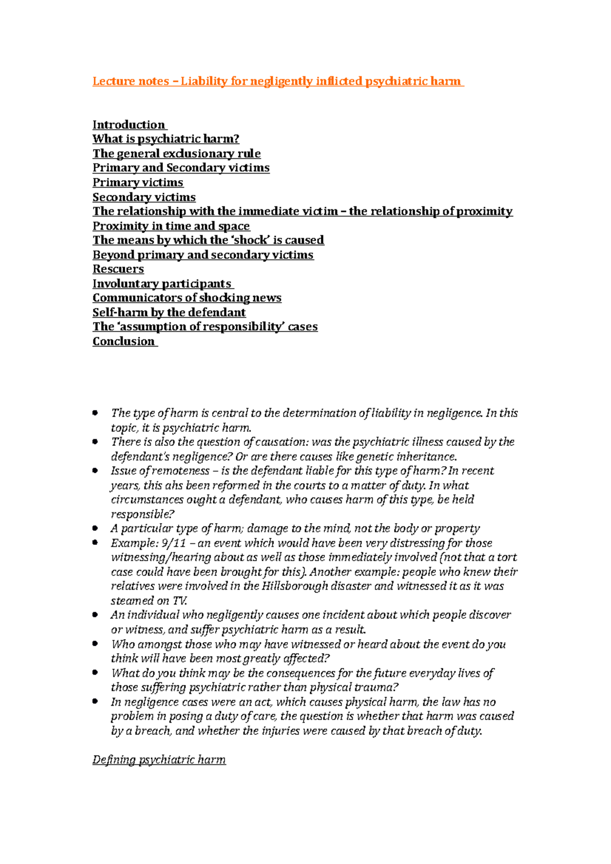 Lecture notes – Psychiatric harm - Lecture notes – Liability for ...