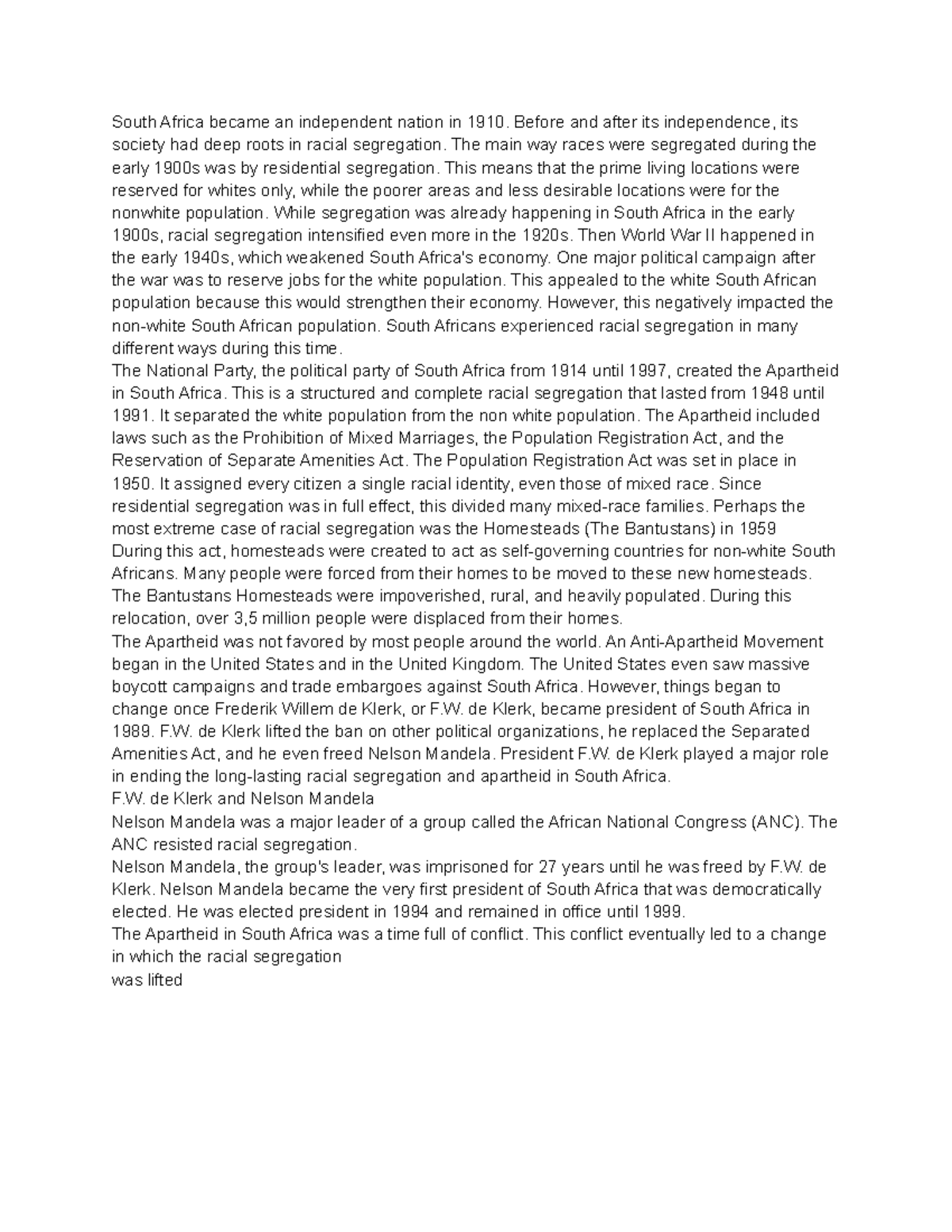 UD 1 - assignment - South Africa became an independent nation in 1910. Before and after its ...