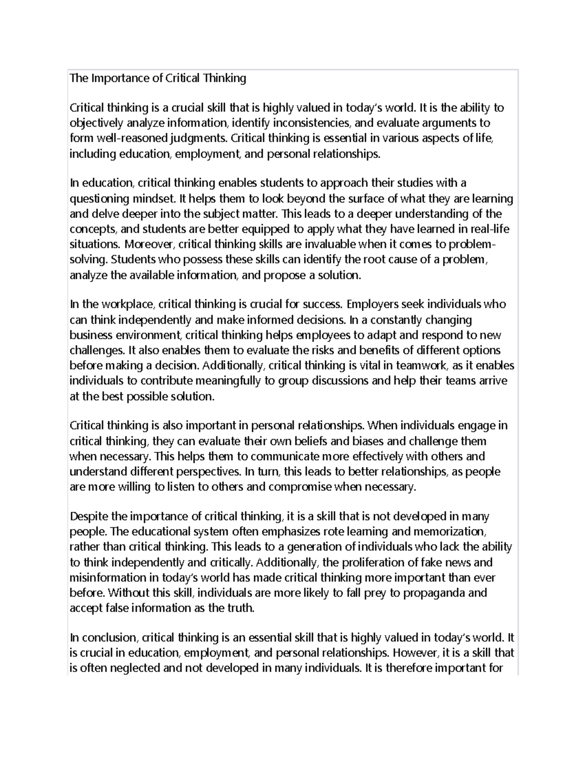 Doc2 - In class assignment/notes - The Importance of Critical Thinking ...