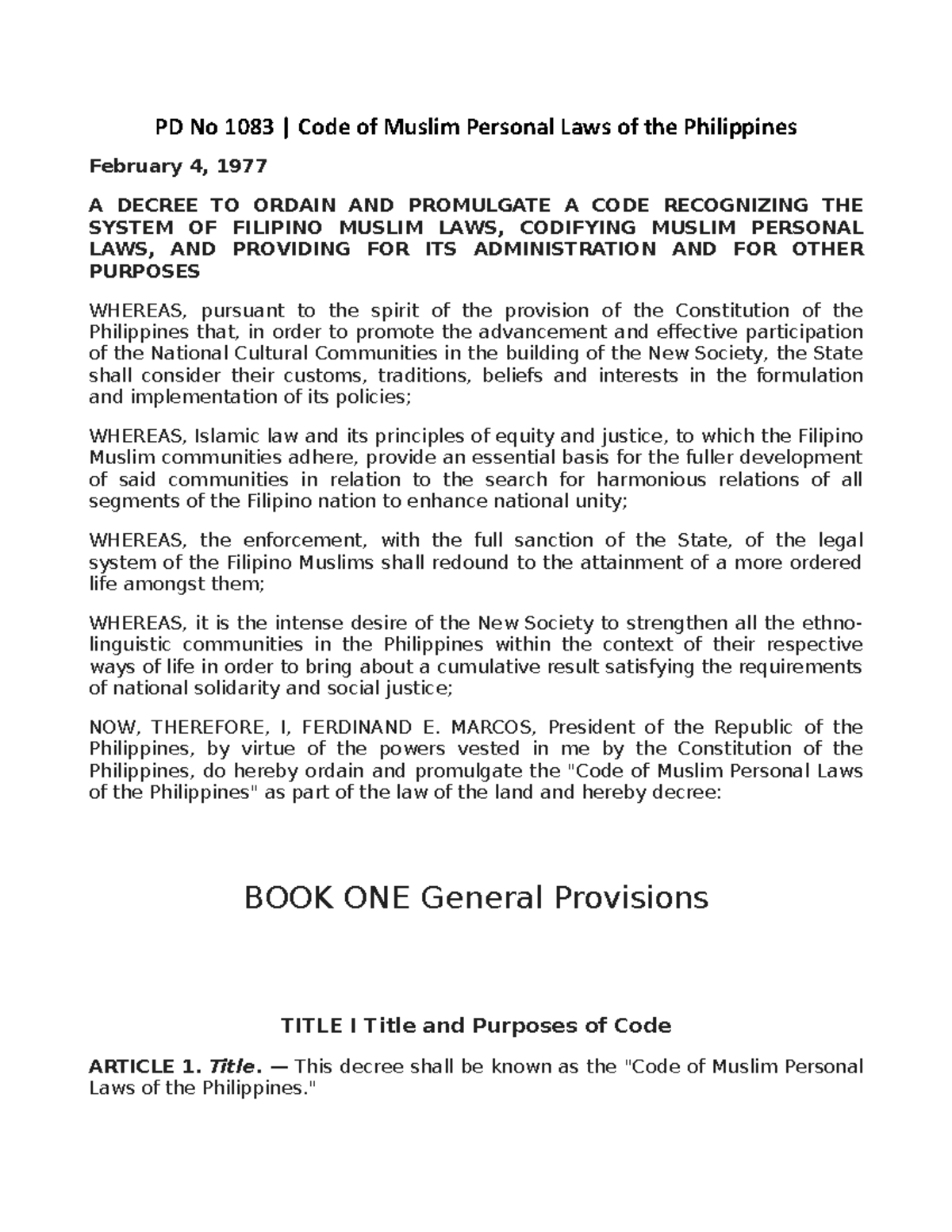 PD No 1083 Code of Muslim Personal Laws of the Philippines - PD No 1083 ...