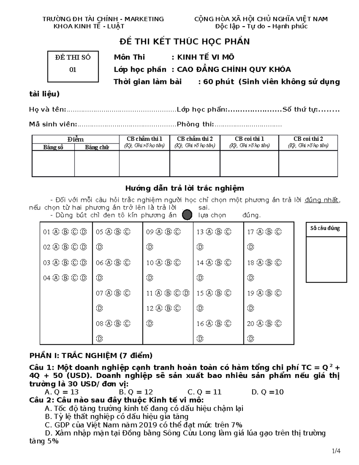 Đề-mẫu - ktvm - TRƯỜNG ĐH TÀI CHÍNH - MARKETING CỘNG HÒA XÃ HỘI CHỦ ...