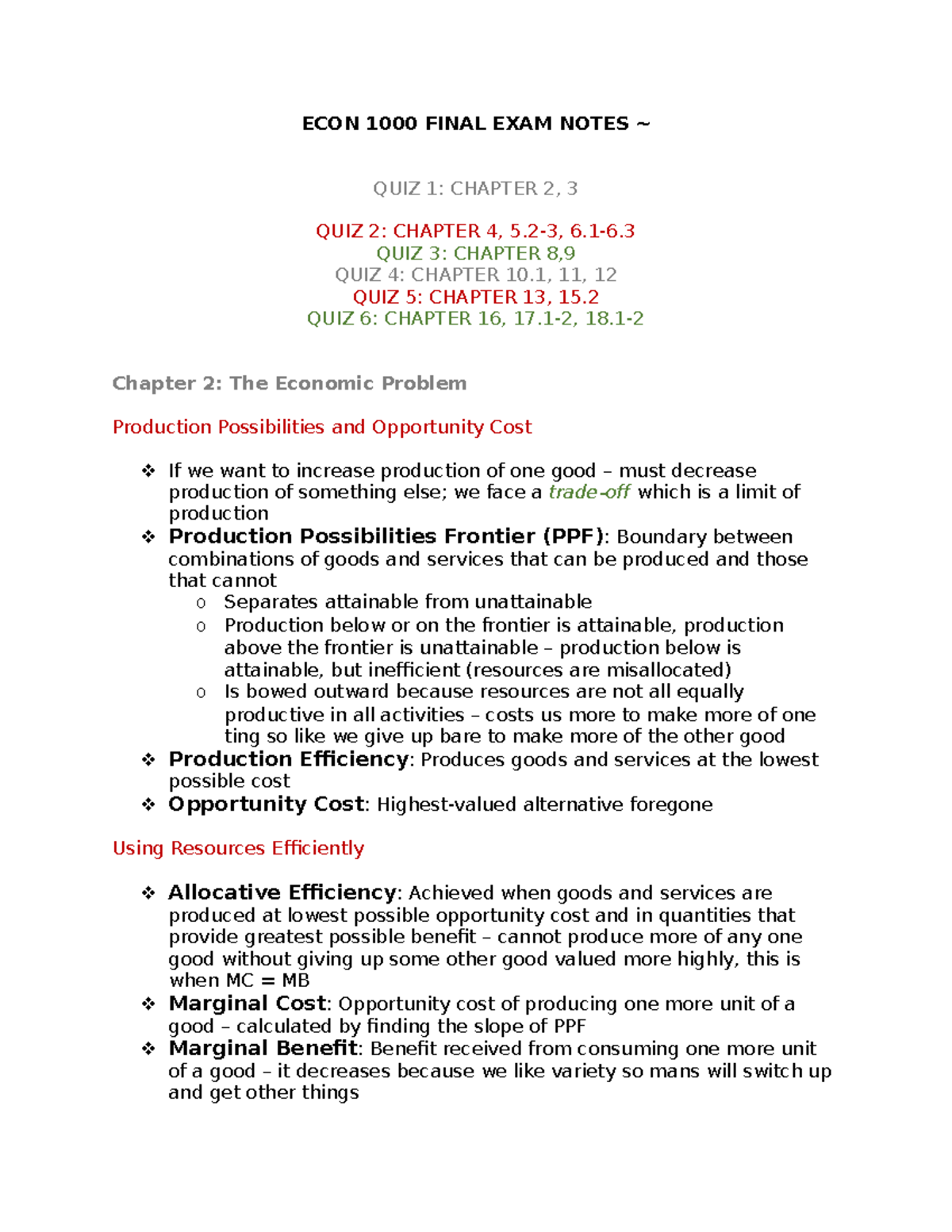 ECON 1000 Final EXAM Notes - ECON 1000 FINAL EXAM NOTES ~ QUIZ 1 ...