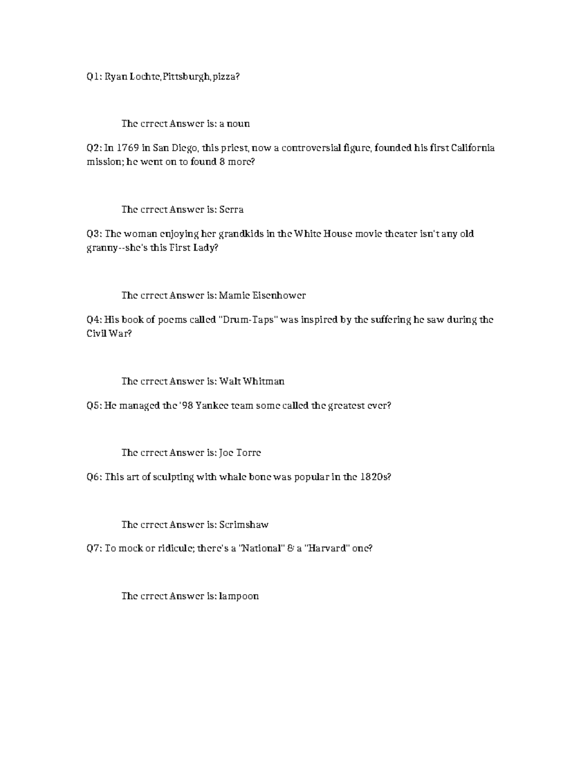 1 Assessment for PRNN - Q1: Ryan Lochte,Pittsburgh,pizza? The crrect ...