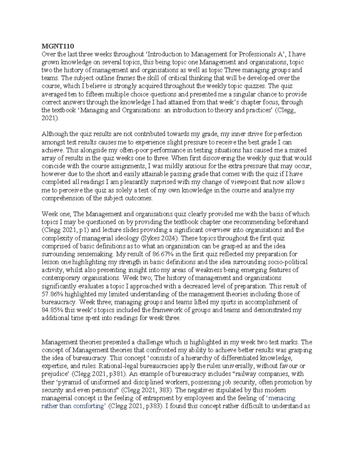 MGNT110 - MGNT Over the last three weeks throughout ‘Introduction to ...