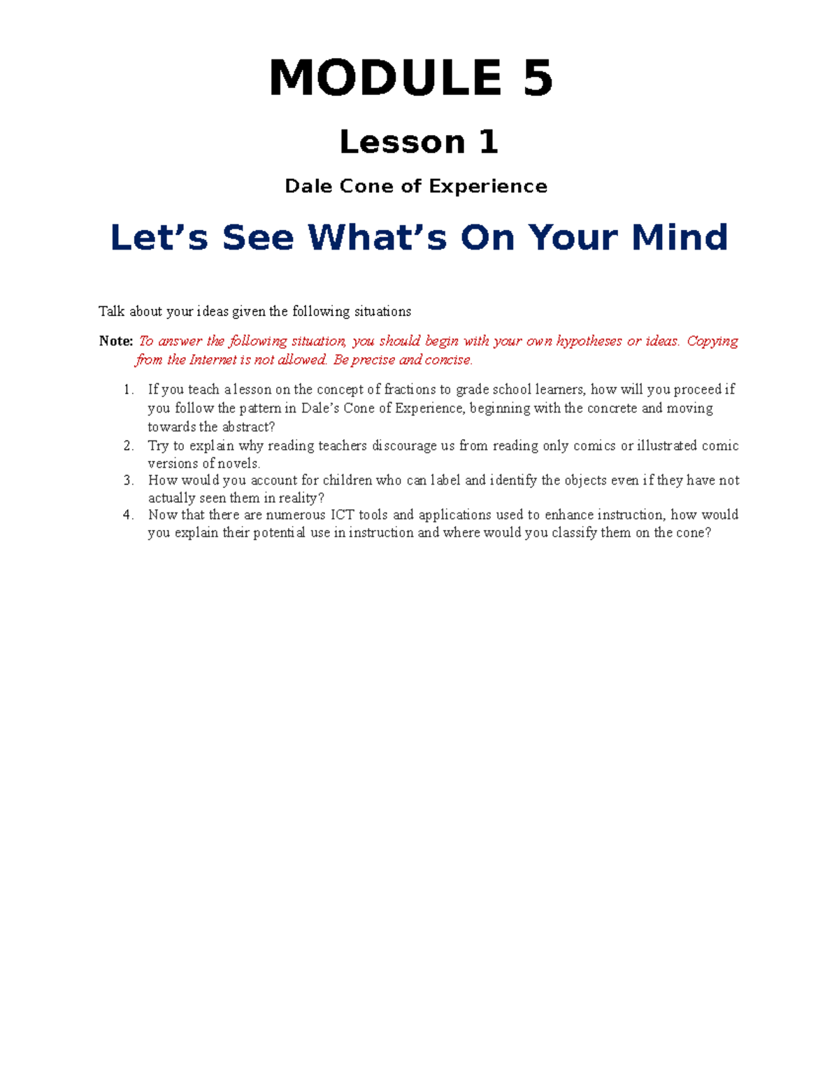 Module 5 lesson 1 Activity - MODULE 5 Lesson 1 Dale Cone of Experience ...