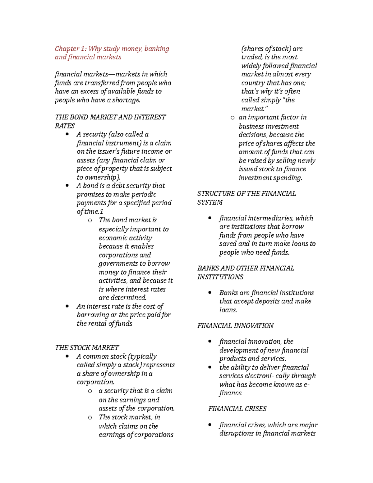 ECONOMICS Summary - Chapter 1: Why study money, banking and financial ...