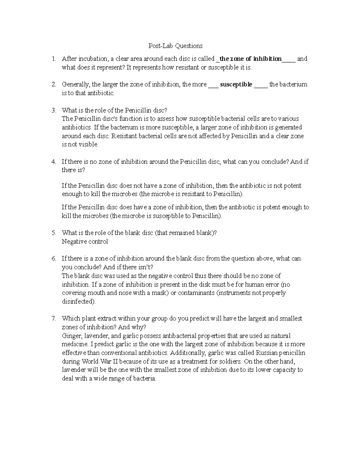 Pos-lab questions - Post-Lab Questions After incubation, a clear area ...