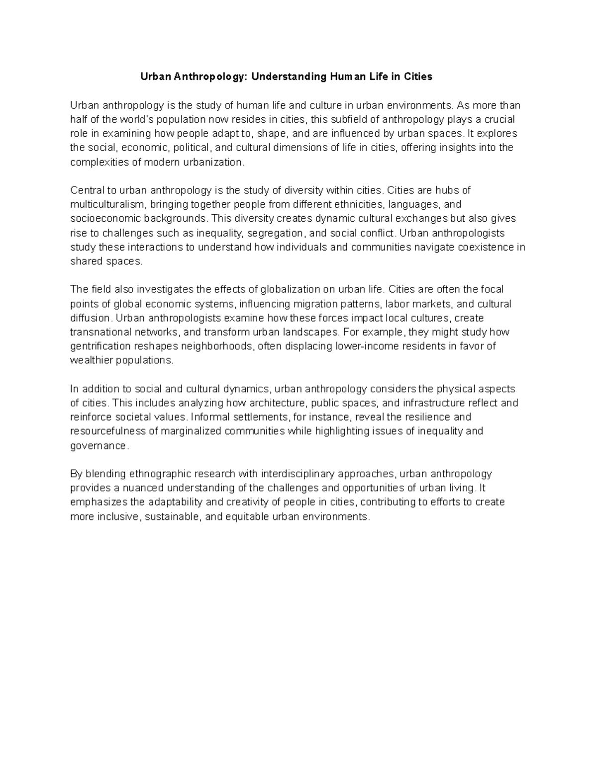 Anthro Paper 5 - Urban Anthropology - Urban Anthropology: Understanding ...