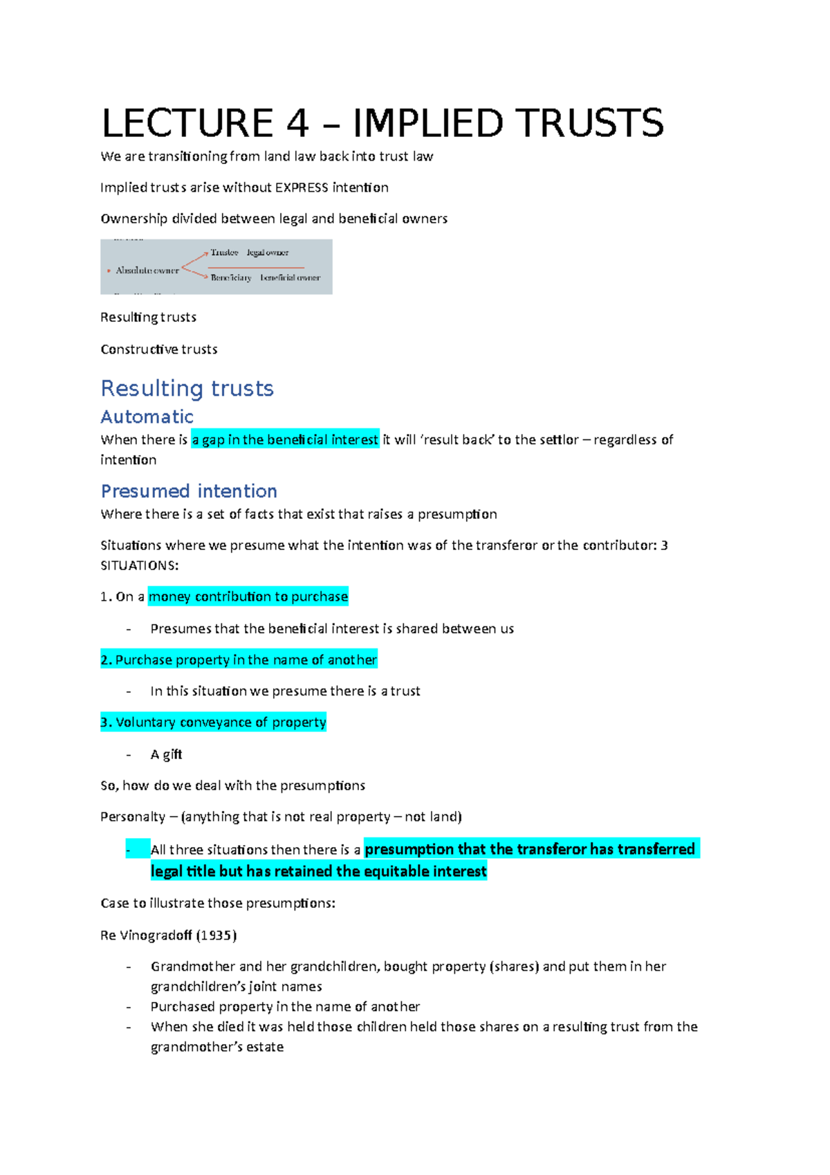 4 Lecture implied trusts - LECTURE 4 – IMPLIED TRUSTS We are transitioning from land law back ...