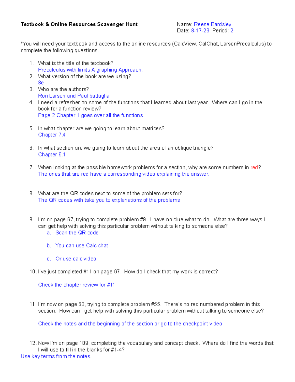 Textbook & Online Resources Scavenger Hunt - Textbook & Online ...