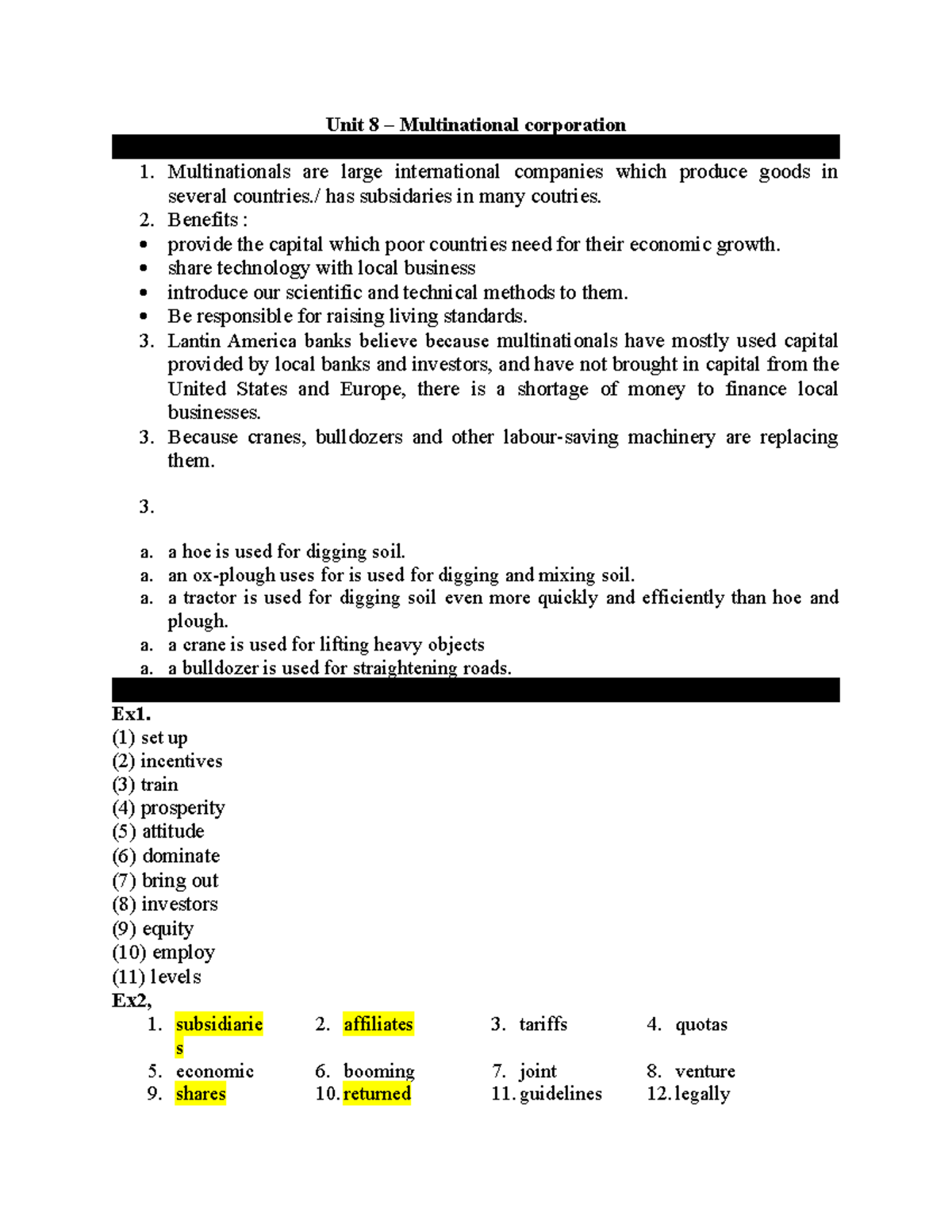 Unit 8 - no cap - Unit 8 – Multinational corporation Reading 1 ...