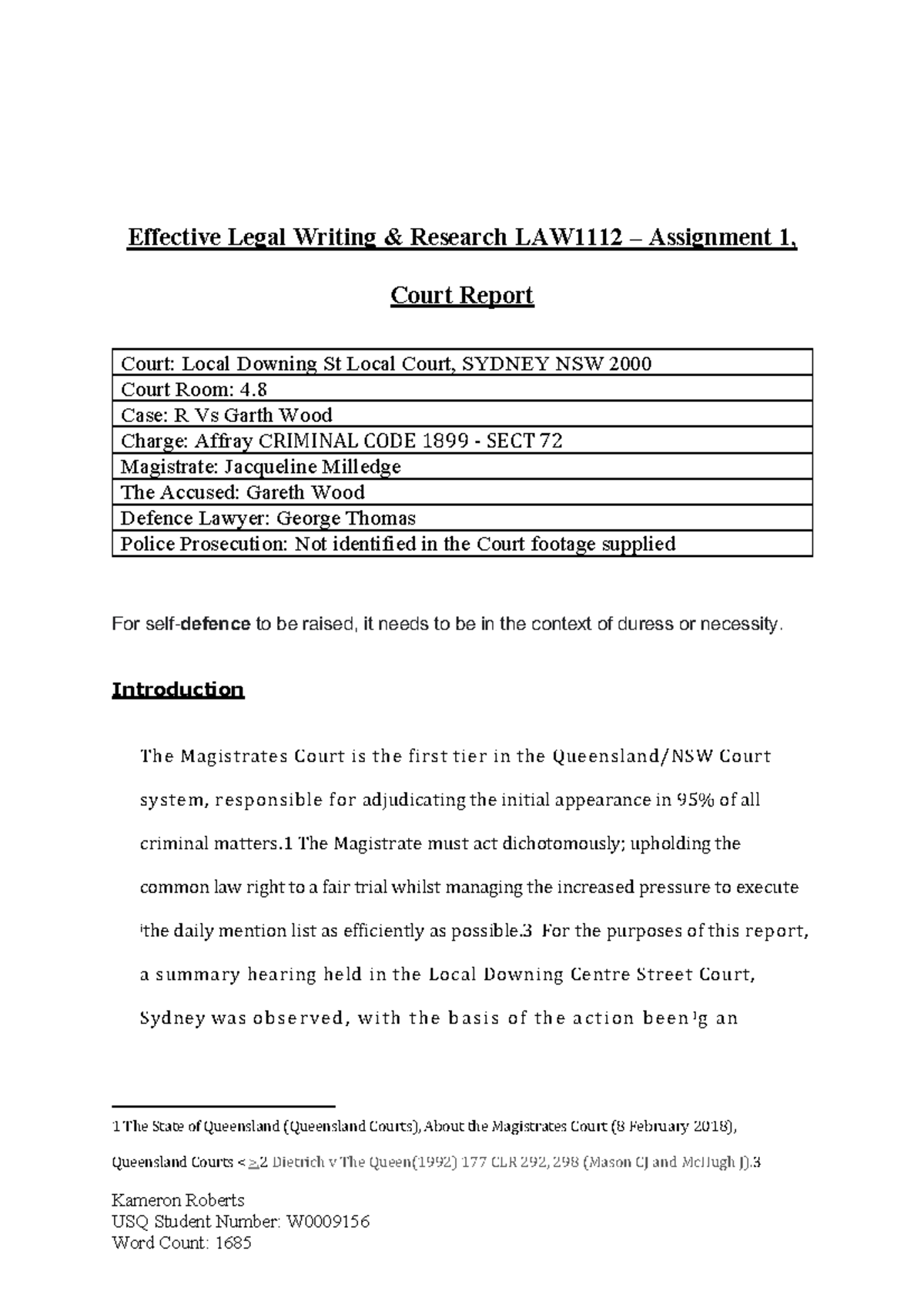 Law Assessment 1112 - Court Report-4 - Kameron Roberts USQ Student ...