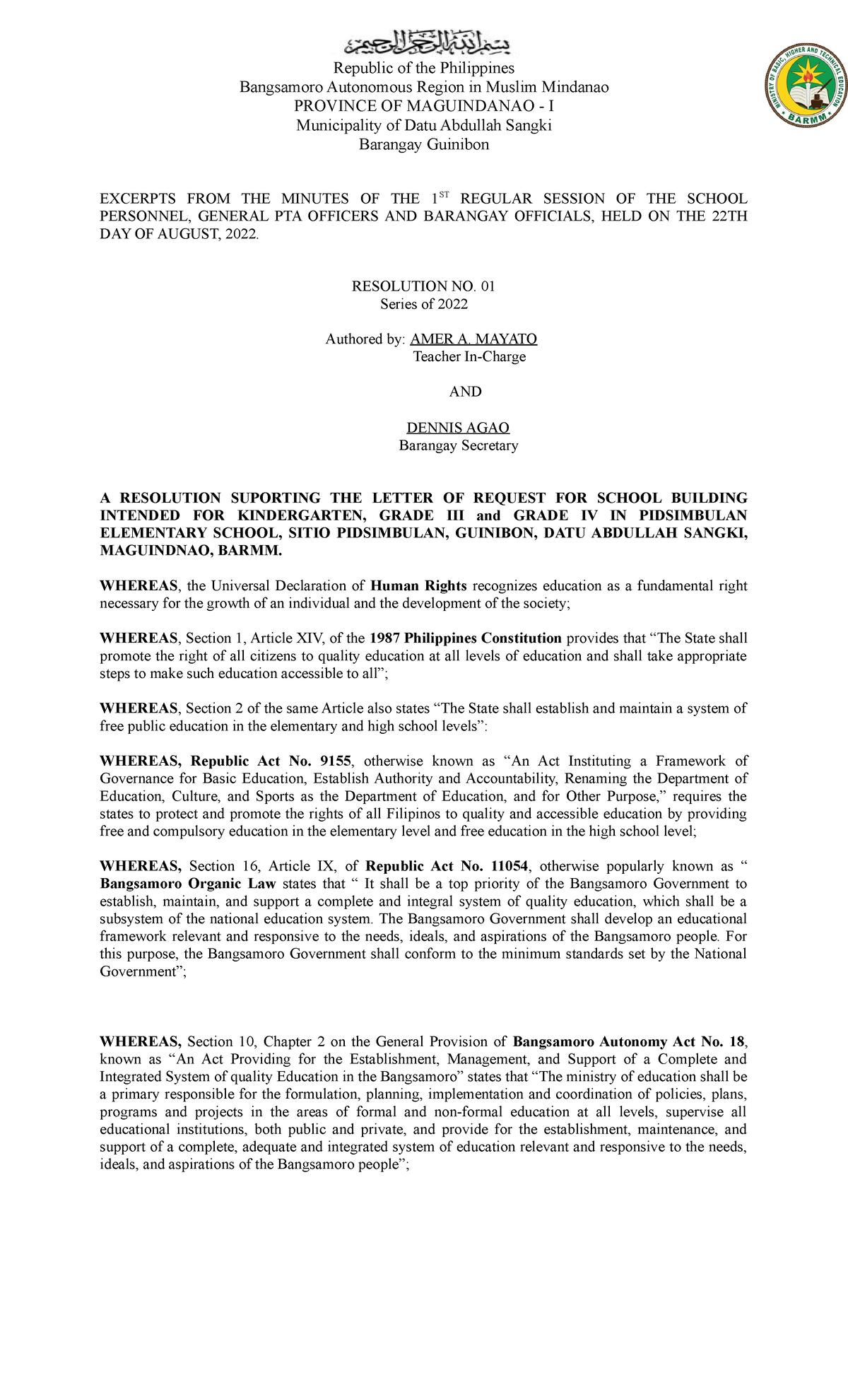 Resolution Letter - Republic of the Philippines Bangsamoro Autonomous ...