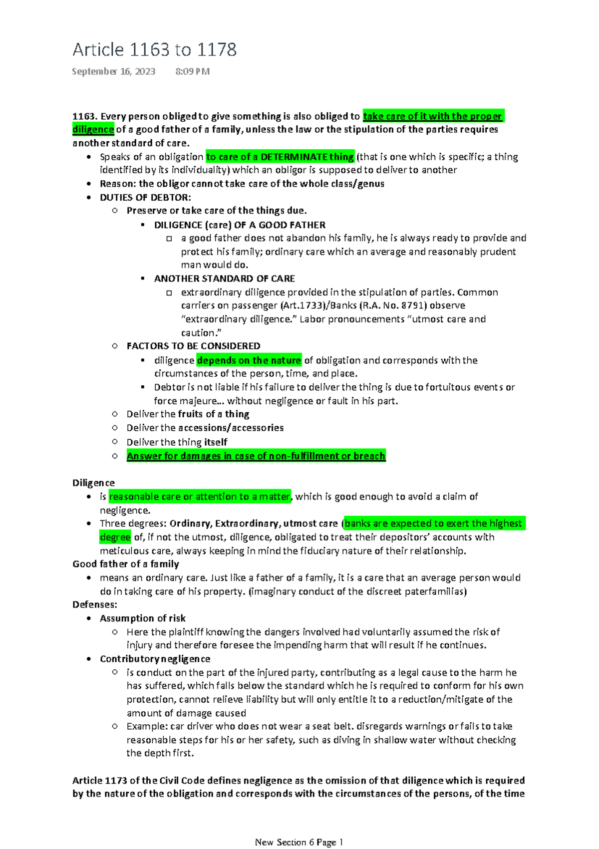 Article 1166 - 1177 oblicon - Speaks of an obligation to care of a ...