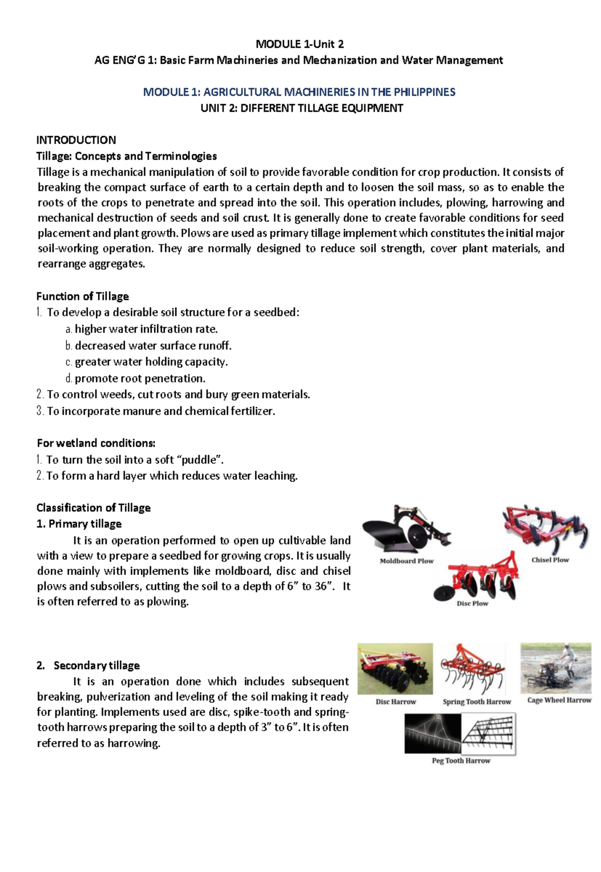 AG-ENGG-2 - MODULE 1-Unit 2 AG ENG’G 1: Basic Farm Machineries and ...