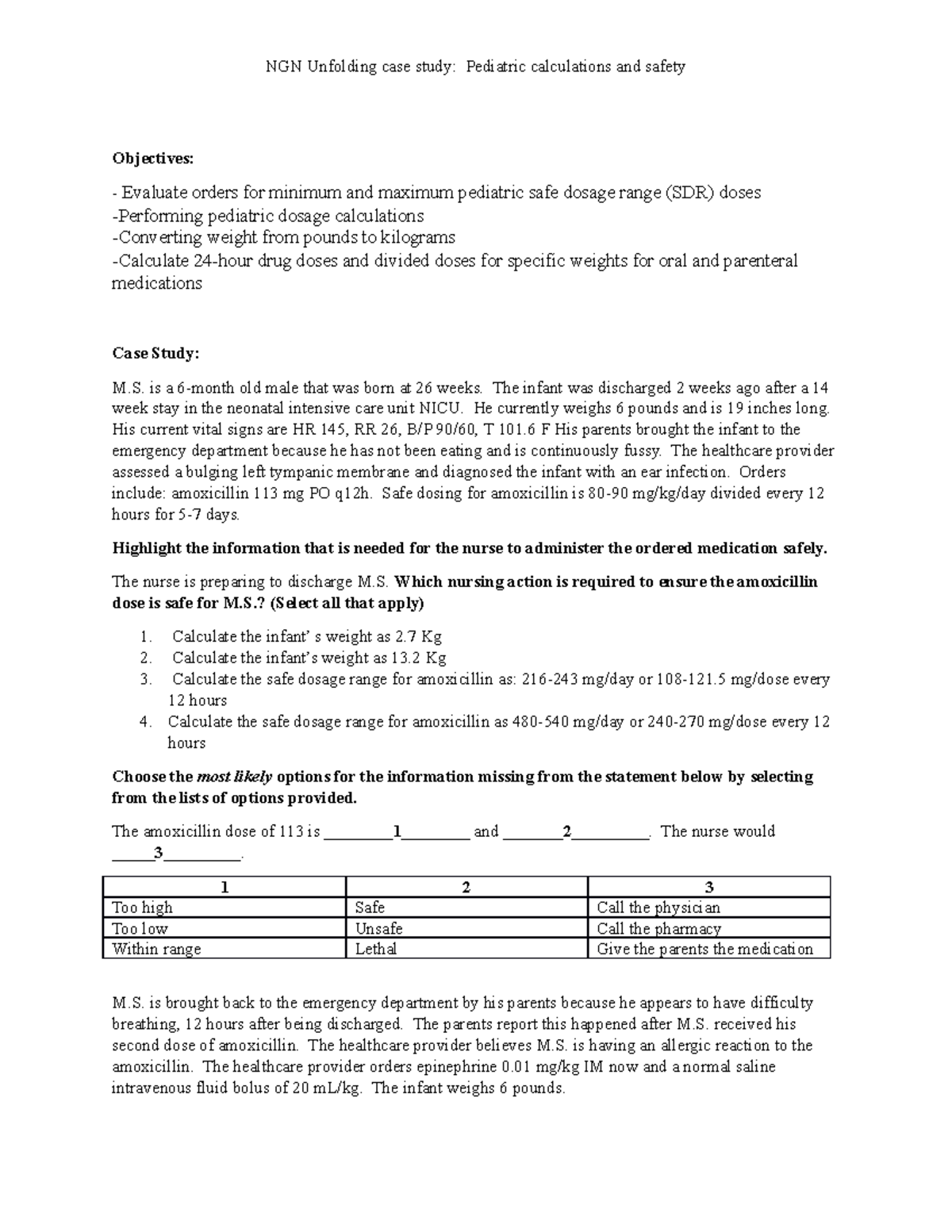 Pediatric Calculations Case Study - Objectives: - Evaluate orders for ...