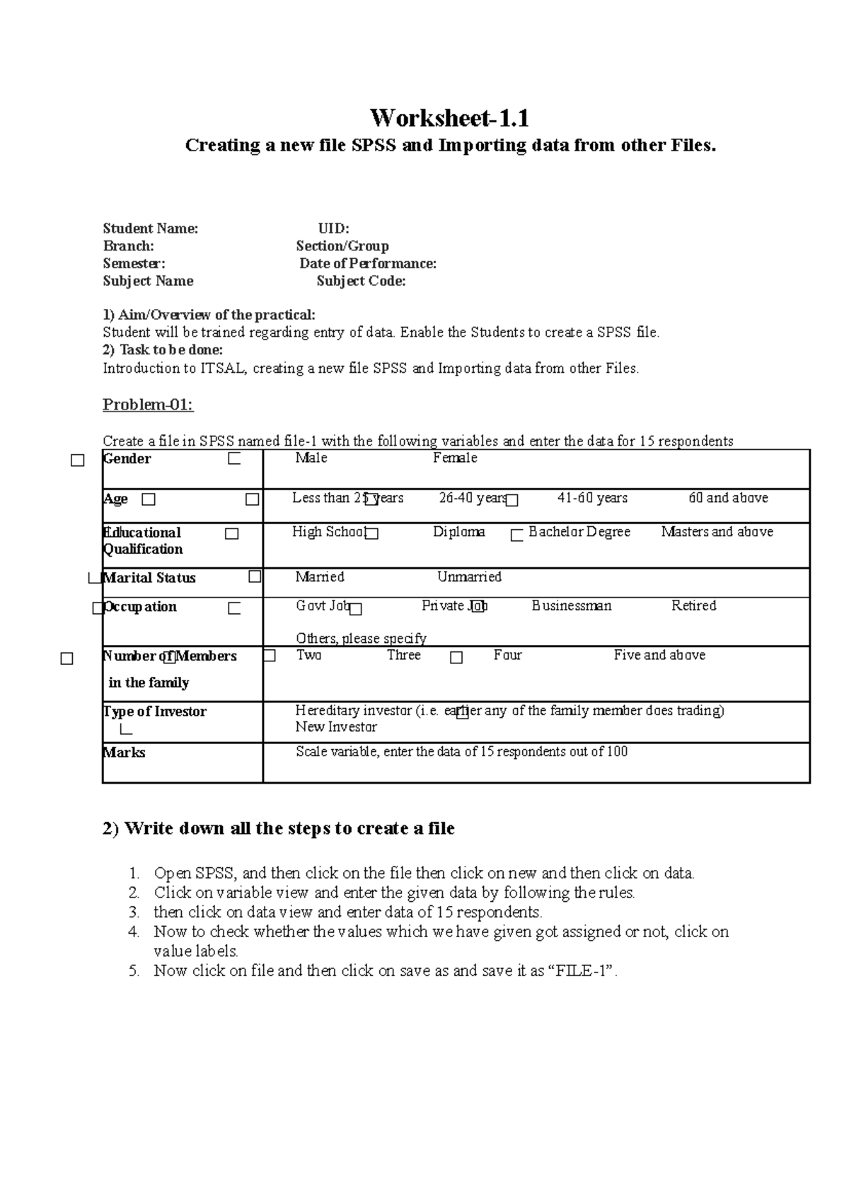 Worksheet 1 - SPSS - Creating a new file SPSS and Importing data from ...