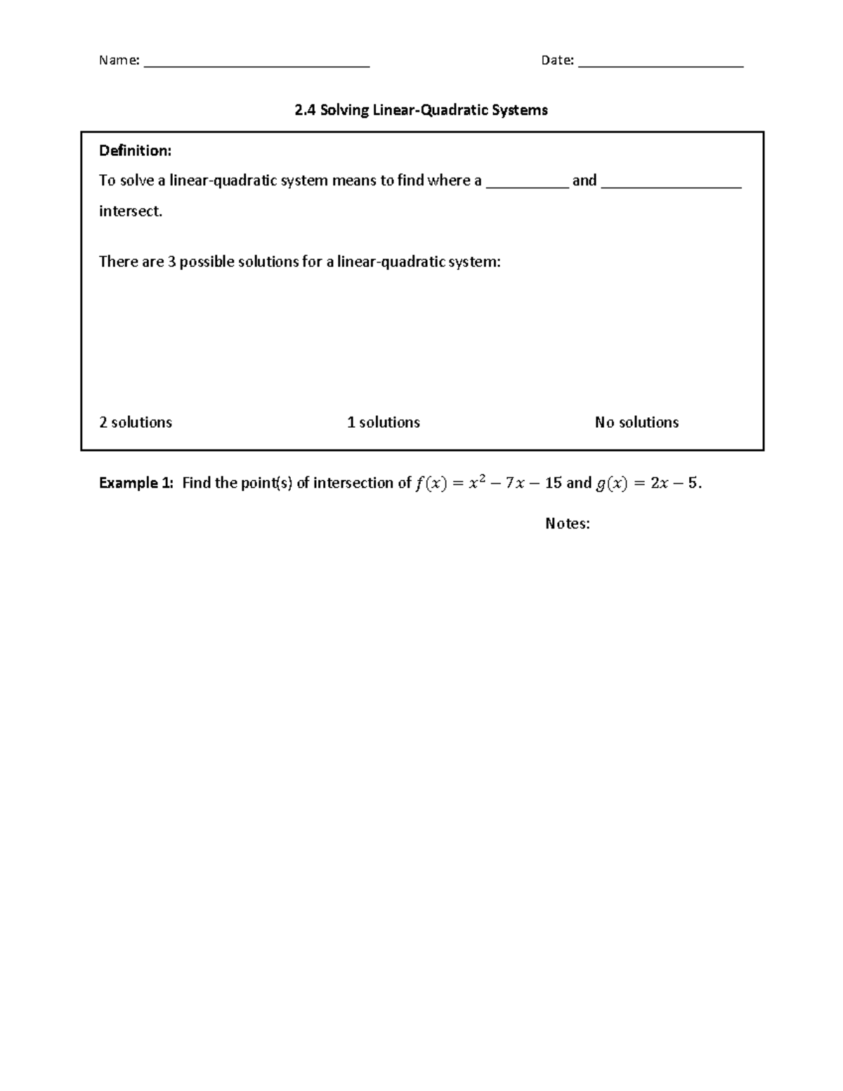 2.4 Linear-Quadratic Systems - 2 Solving Linear-Quadratic Systems ...