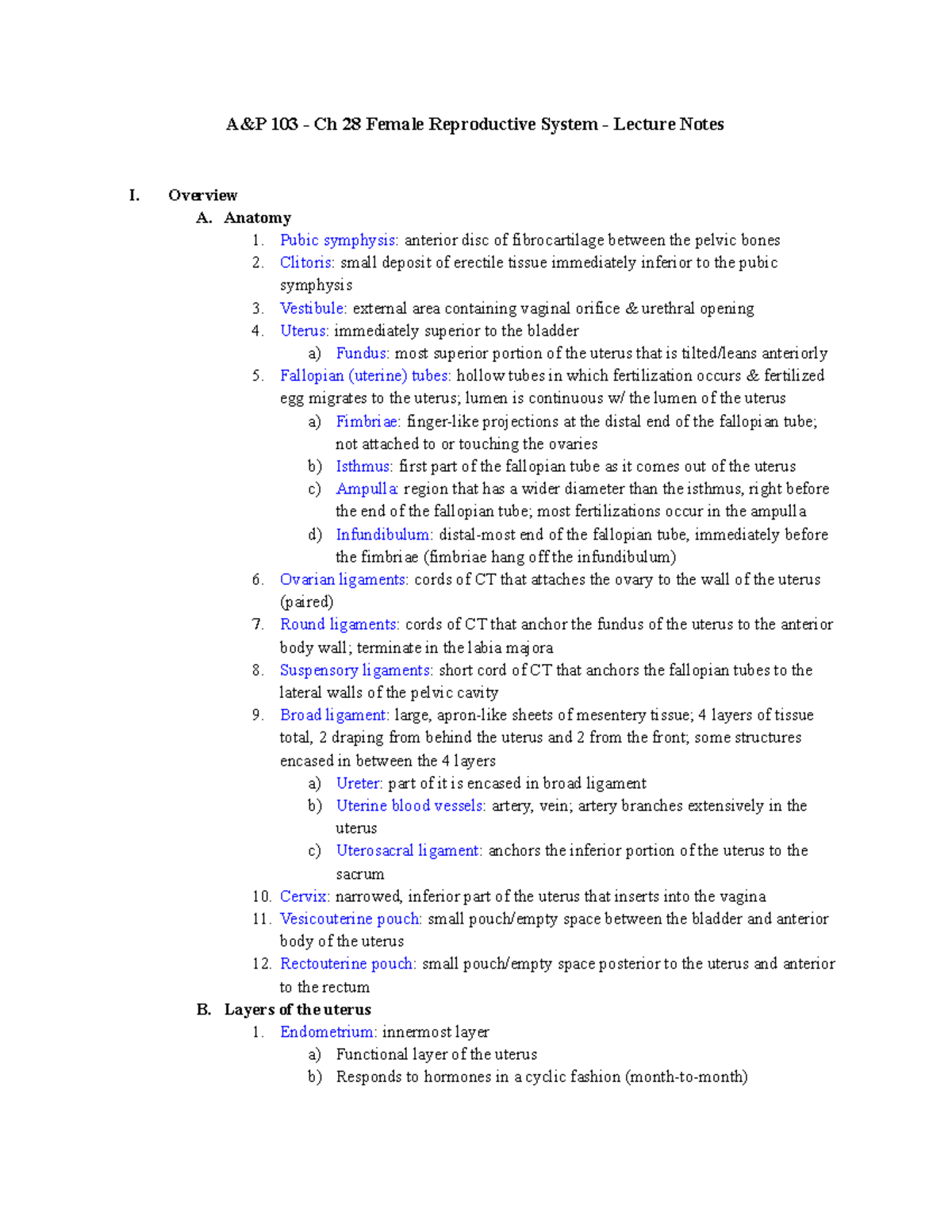 Female Reproductive System Lecture Notes - A&P 103 - Ch 28 Female ...