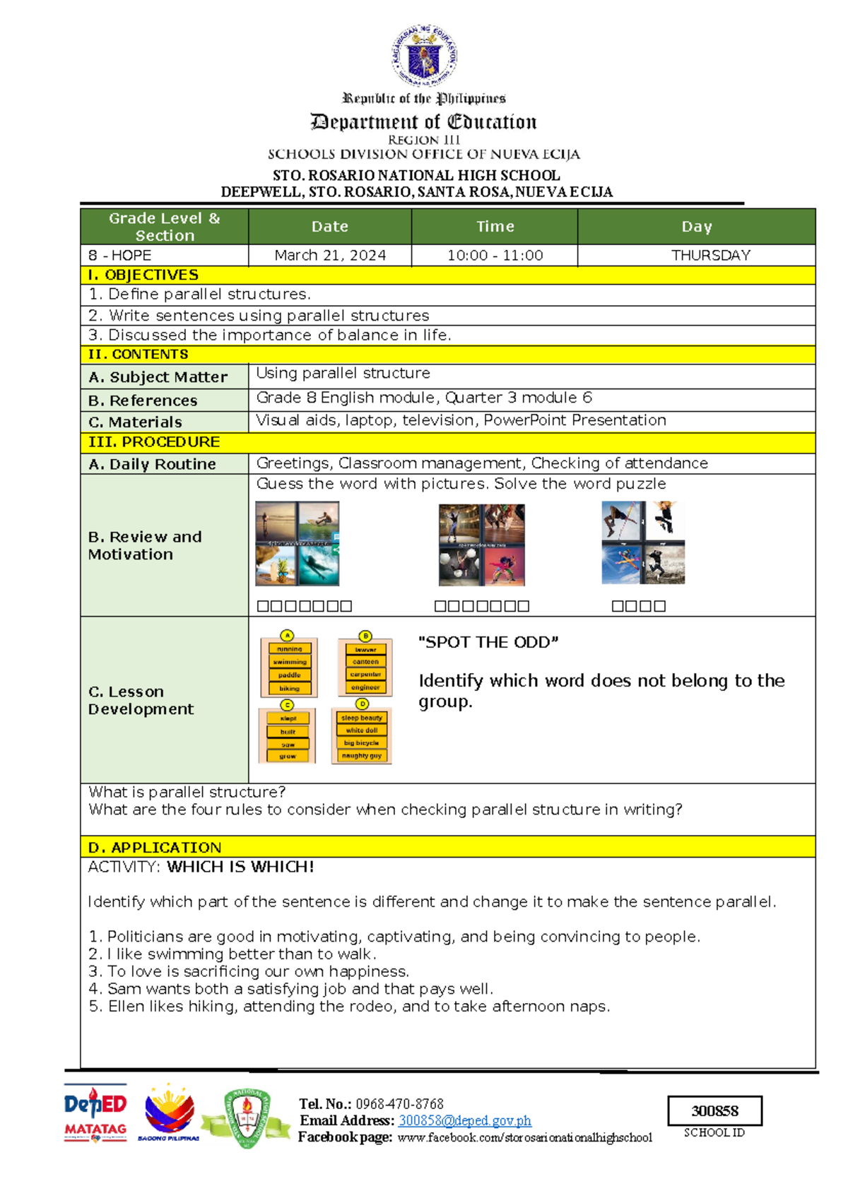 Cot3 - lesson plan in english - 300858 SCHOOL ID STO. ROSARIO NATIONAL ...