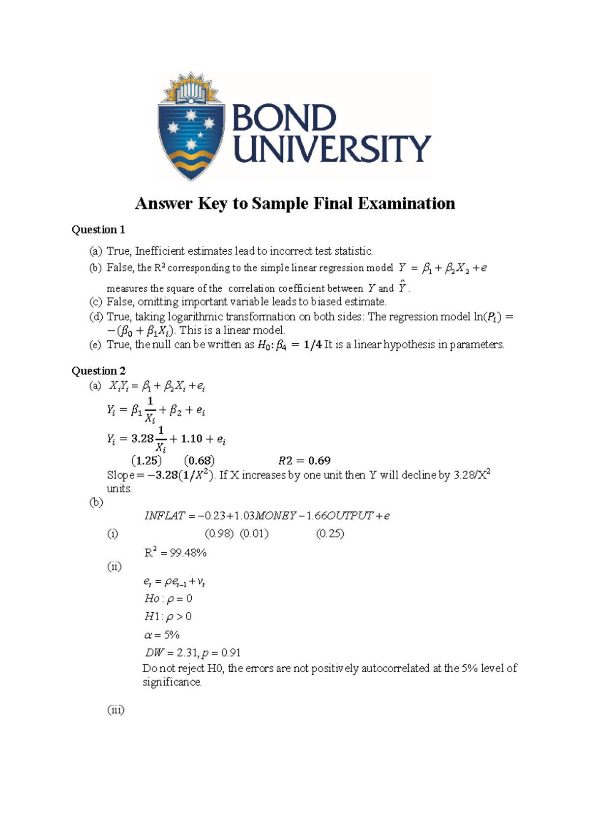 Answer Key to Sample Final Exam - Answer Key to Sample Final ...