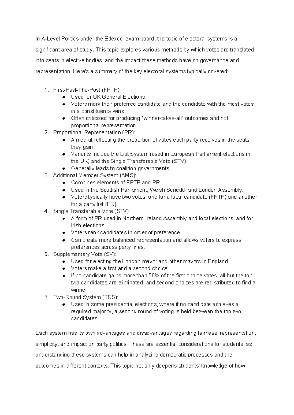 Electoral Systems summary - In A-Level Politics under the Edexcel exam ...
