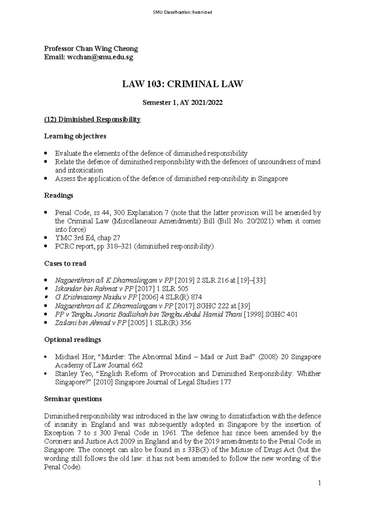 Diminished Responsibility 2021 (Seminar Outline) - Professor Chan Wing ...