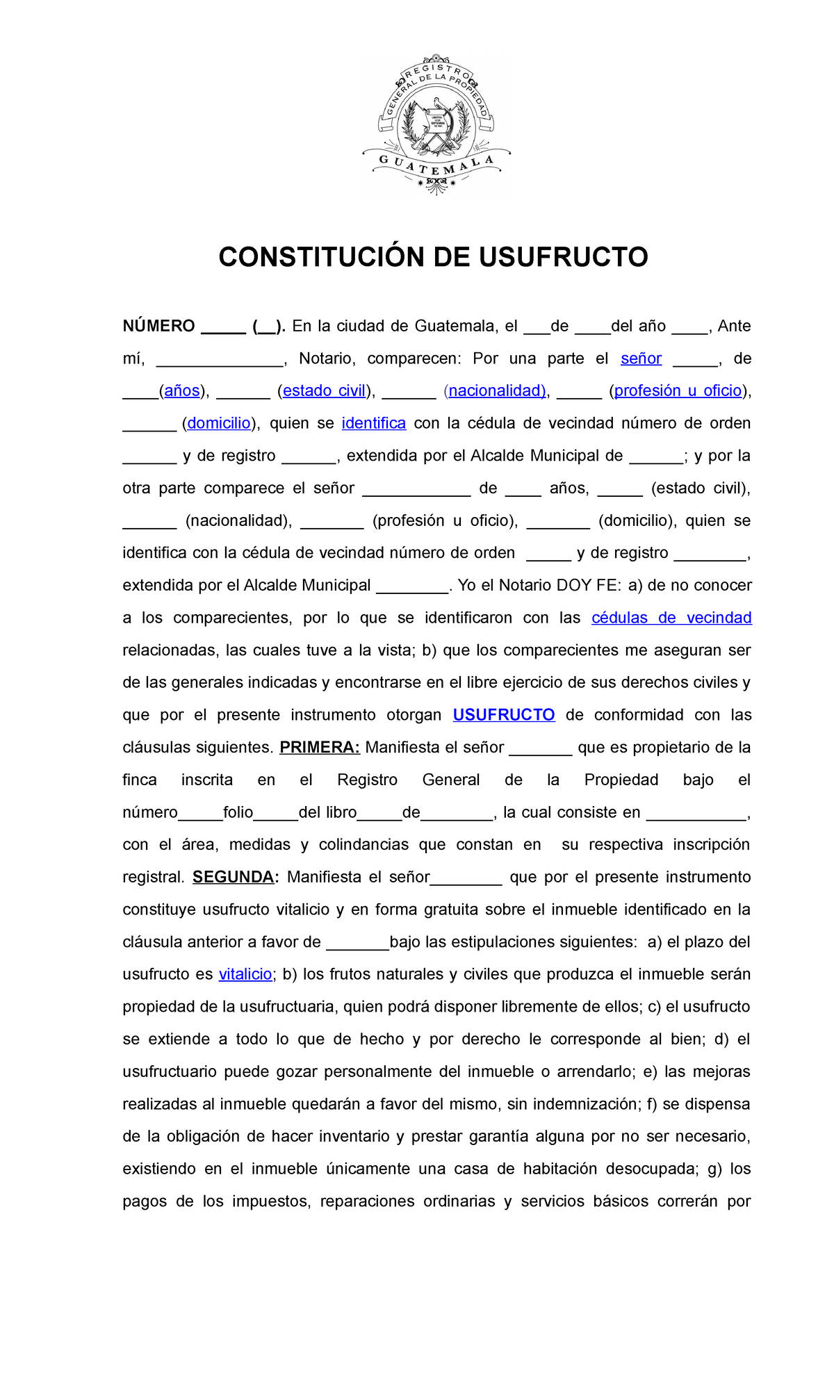 Constitucion DE Usufructo Vitalicio - CONSTITUCIÓN DE USUFRUCTO NÚMERO ...