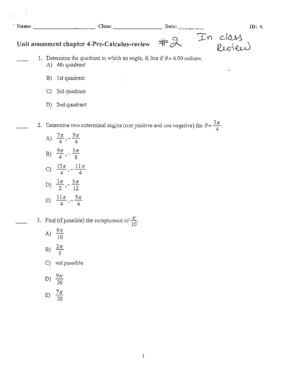 Unit 3 Test Review - Name: Class: Date: ID: A Unit assessment chapter ...